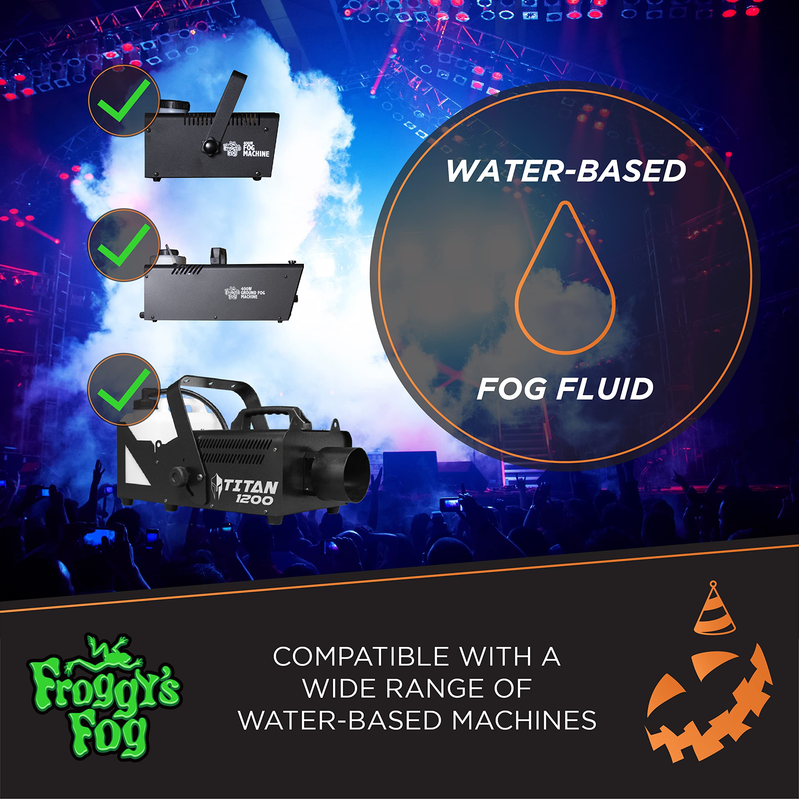 Froggy's Fog Halloween and Party Fog Fluid, High Output Long-Lasting Fog Juice for 400-1500 Watt Water-Based Fog Machines, Great for Pro and Home Haunters, Theatrical Effects, DJs, and More, 1 Gallon