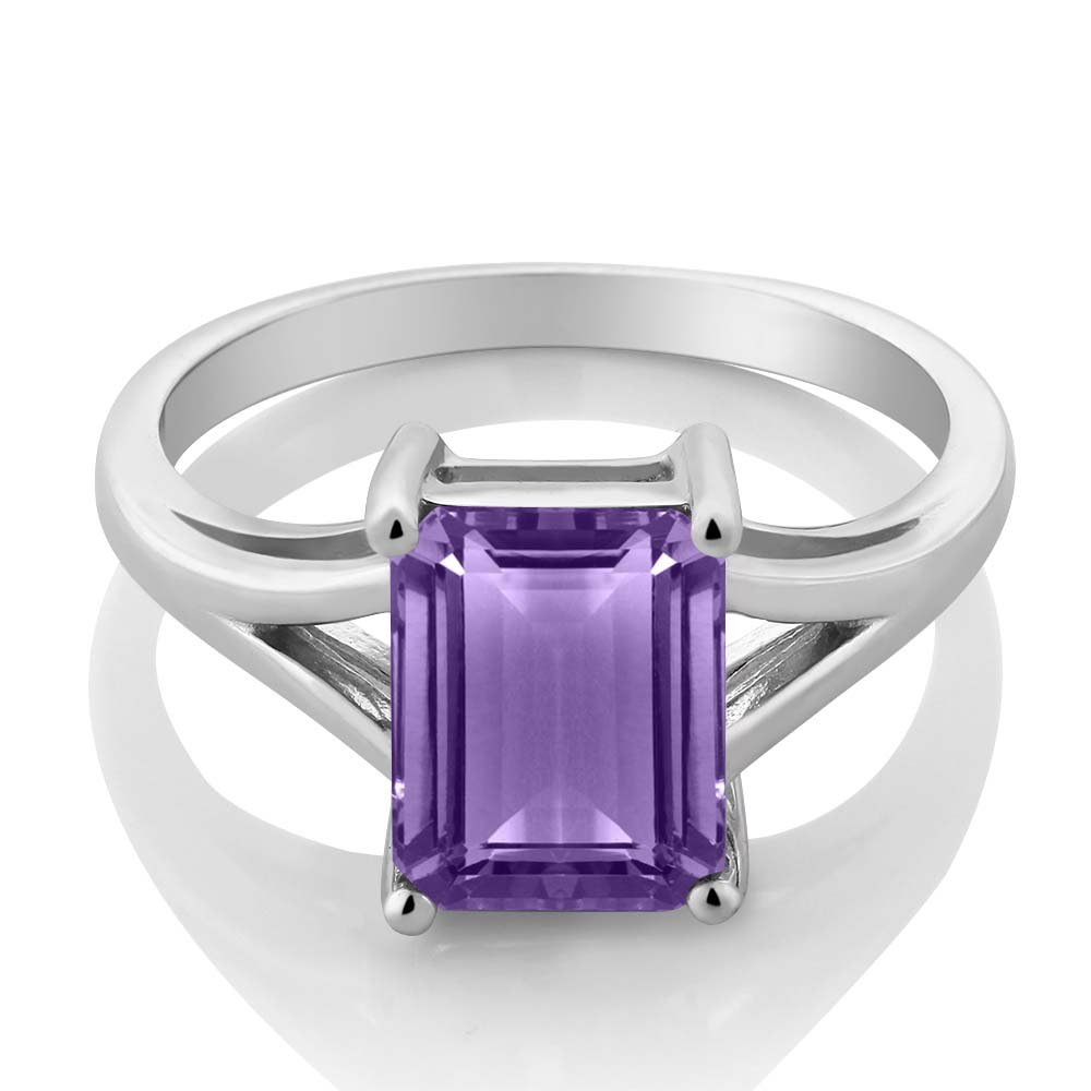 Gem Stone King 925 Sterling Silver Purple Amethyst Solitaire Engagement Ring For Women | 2.25 Cttw | Emerald Cut 9X7MM | Gemstone Birthstone | Ring Size 5-9