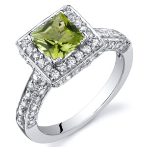 peora peridot promise ring in sterling silver ring, vintage halo design, princess cut, 5mm, 0.75 carat total, comfort fit, size 7