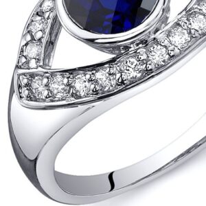 PEORA Created Blue Sapphire Ring in Sterling Silver, Enlightened Third Eye Design, 1.25 Carats total, Round Shape, 6mm, Size 7