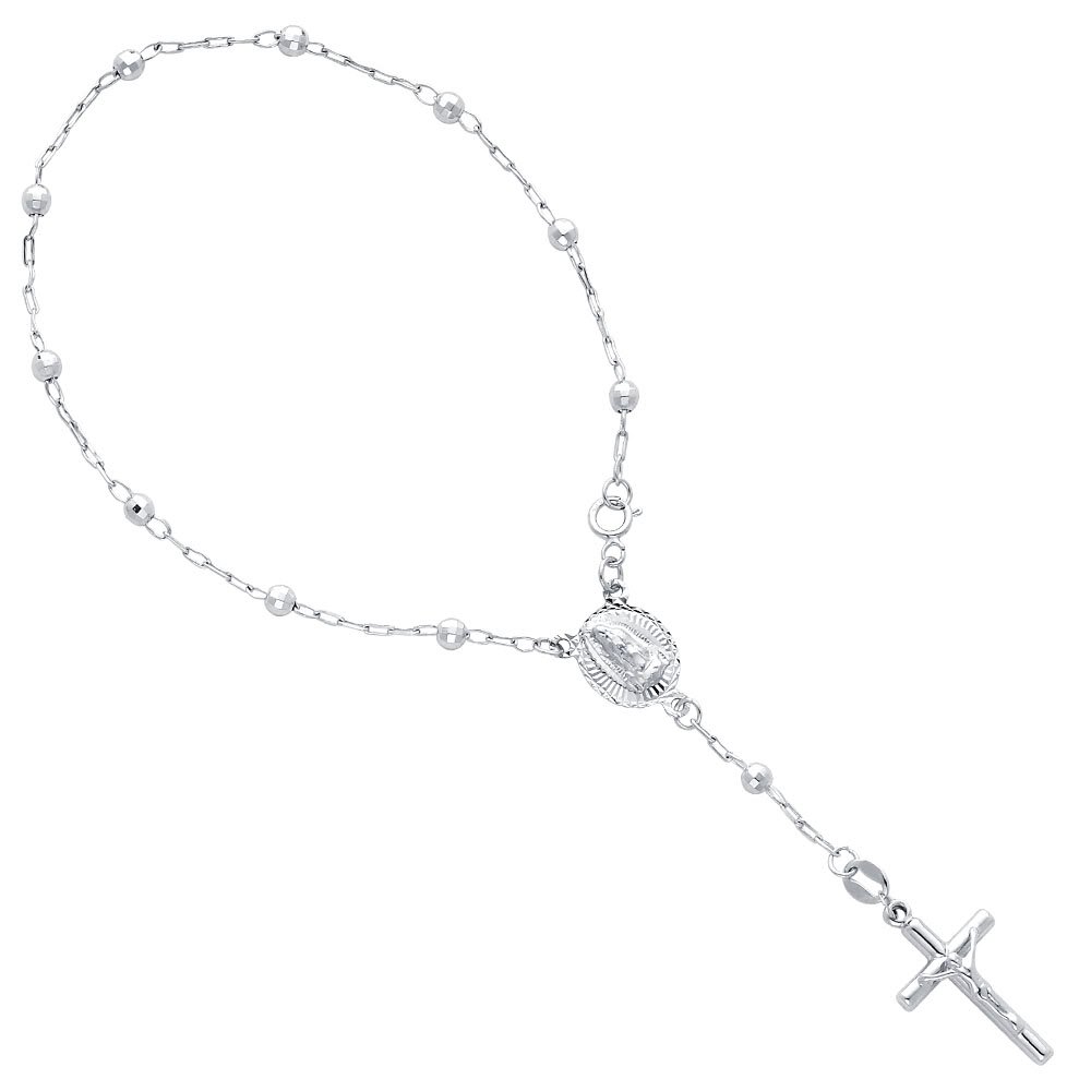 14K White Gold 3mm Beads Our Lady Guadalupe Rosary Bracelet with Spring Ring Clasp - 7" Inches