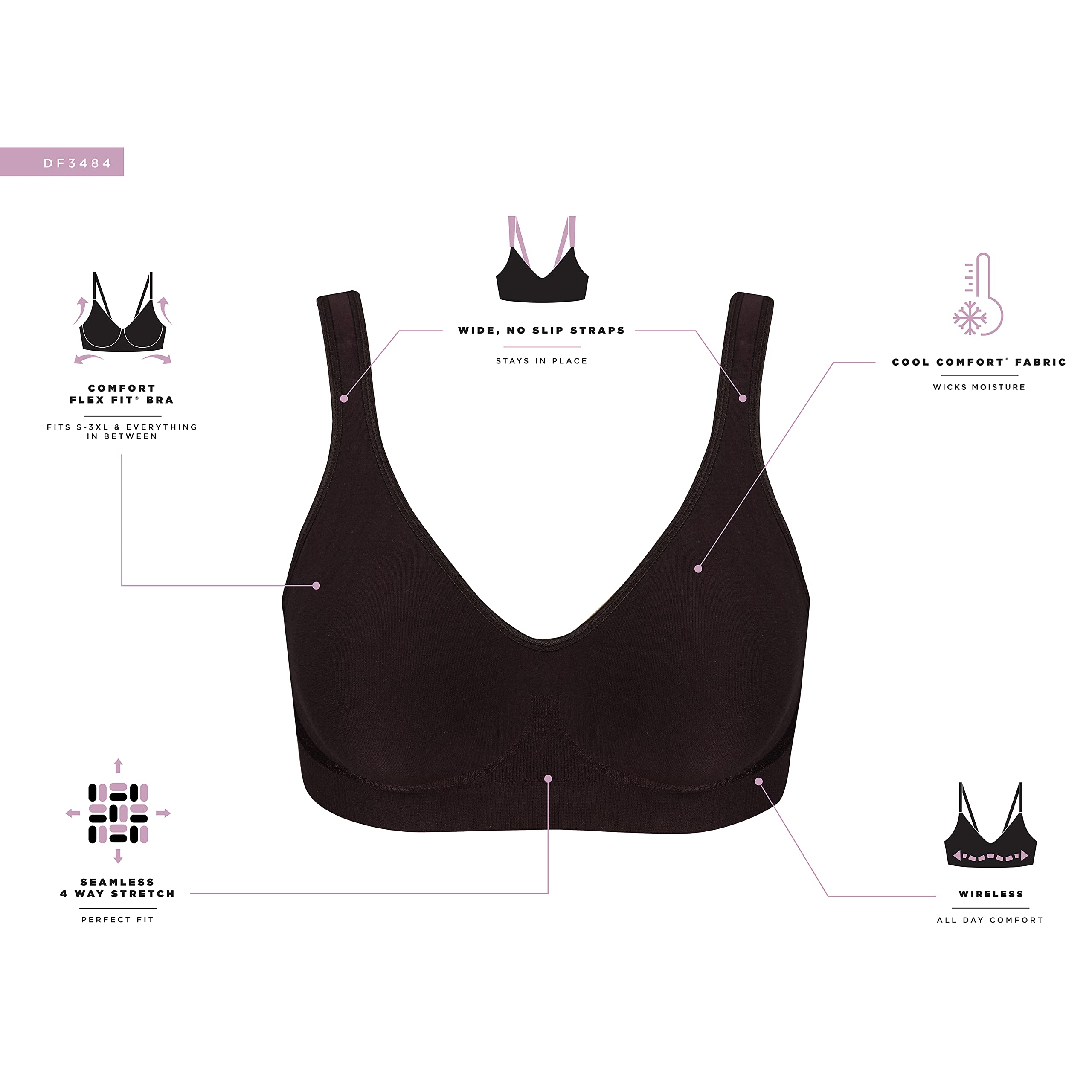 Bali Womens Comfort Revolution Wireless Bra, Seamless 2-ply Cups, Comfortflex Fit Bras, Black, X-Large US