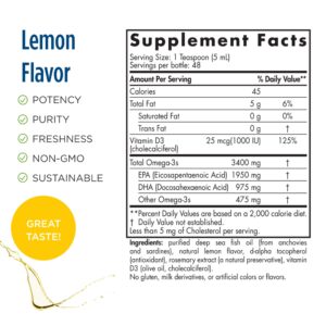 Nordic Naturals ProOmega-D Xtra Liquid, Lemon Flavor - 8 oz - 3400 mg Omega-3 + 1000 IU D3 - High-Potency Fish Oil - EPA & DHA - Brain, Eye, Joint, Heart, & Immune Health - Non-GMO - 48 Servings