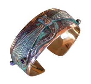 elaine coyne collectible artwear patina dragonfly cuff bracelet - genuine amethyst and garnet - usa made