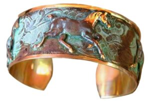 elaine coyne collectible artwear verdigris patina contemporary running horse cuff bracelet - usa made