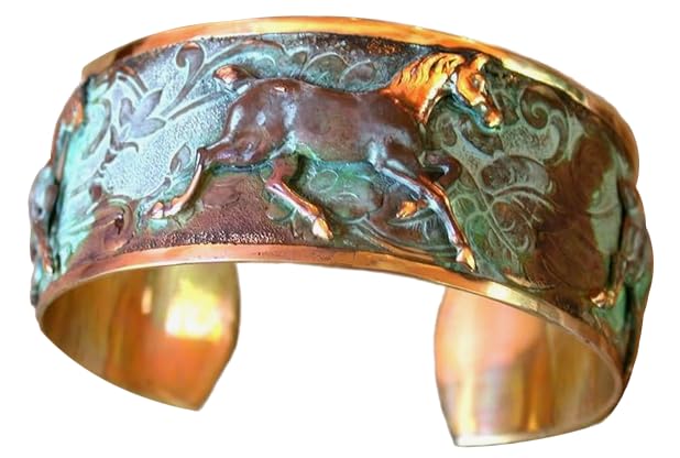 Elaine Coyne Collectible Artwear Verdigris Patina Contemporary Running Horse Cuff Bracelet - USA Made