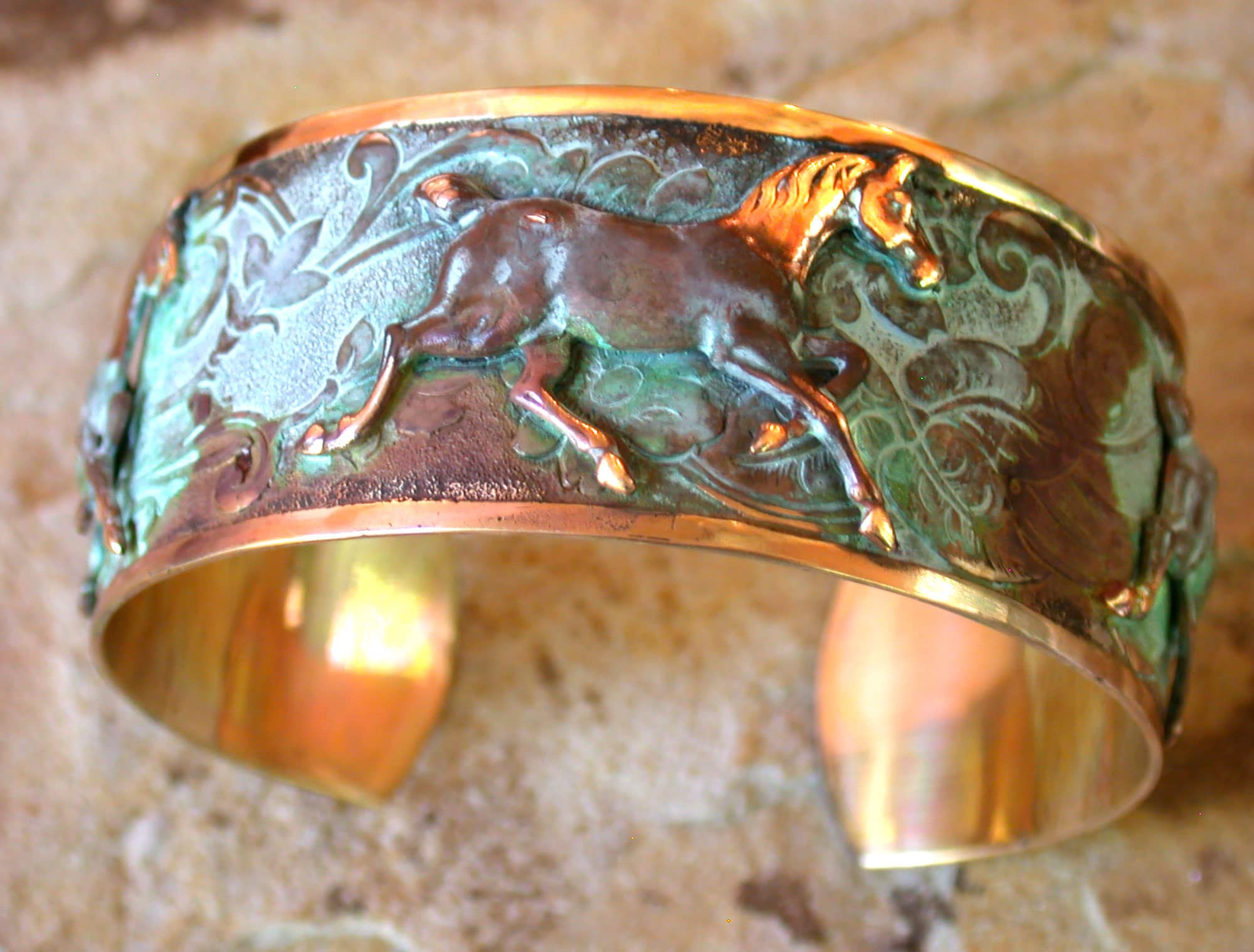 Elaine Coyne Collectible Artwear Verdigris Patina Contemporary Running Horse Cuff Bracelet - USA Made