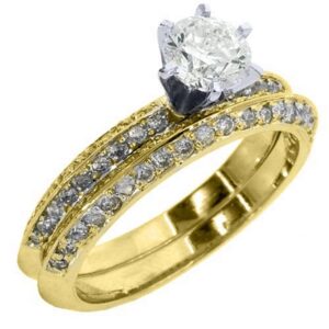 14k yellow gold round pave diamond engagement ring wedding band set 1.25 carats