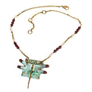 elaine coyne collectible artwear verdigris patina dragonfly necklace with garnet - usa made