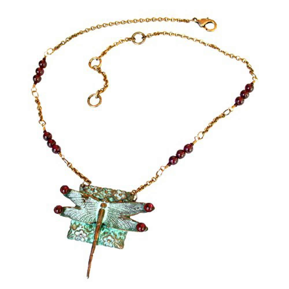 Elaine Coyne Collectible Artwear Verdigris Patina Dragonfly Necklace with Garnet - USA Made