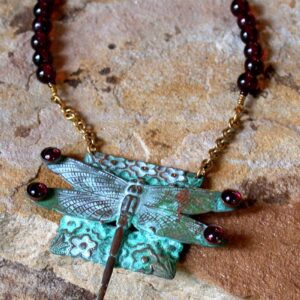 Elaine Coyne Collectible Artwear Verdigris Patina Dragonfly Necklace with Garnet - USA Made