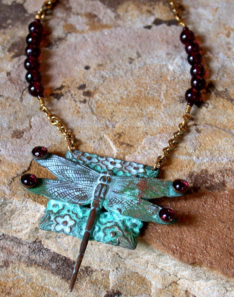 Elaine Coyne Collectible Artwear Verdigris Patina Dragonfly Necklace with Garnet - USA Made