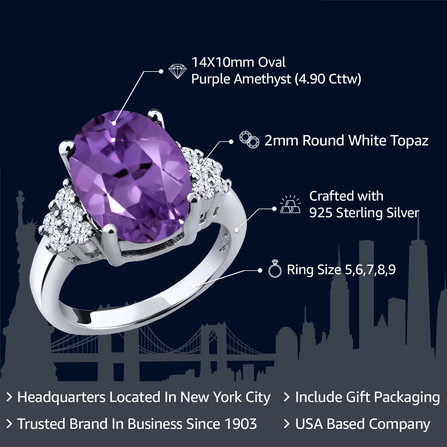 Sterling Silver Purple Amethyst & White Topaz Gemstone Women's Ring Sizes 8