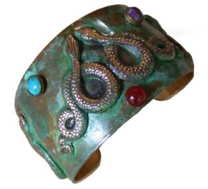 elaine coyne collectible artwear egyptian serpents cuff bracelet - carnelian, charoite, turquoise - usa made