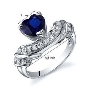 PEORA Created Blue Sapphire Heart Ring for Women in Sterling Silver, Statement Solitaire Design, 2 Carats total, Comfort Fit, Size 7