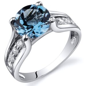 peora swiss blue topaz cathedral solitaire ring for women 925 sterling silver, natural gemstone birthstone, 2.25 carats round shape 8mm, size 6