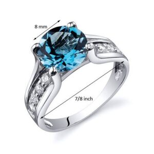 PEORA Swiss Blue Topaz Cathedral Solitaire Ring for Women 925 Sterling Silver, Natural Gemstone Birthstone, 2.25 Carats Round Shape 8mm, Size 6