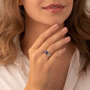 PEORA Created Blue Sapphire Cathedral Solitaire Ring for Women 925 Sterling Silver, 2.75 Carats Round Shape 8mm, Size 8