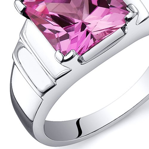 PEORA Created Pink Sapphire Engagement Ring in Sterling Silver, Tiered Solitaire, 3.25 Carats Princess Cut, 8mm, Comfort Fit, Size 7