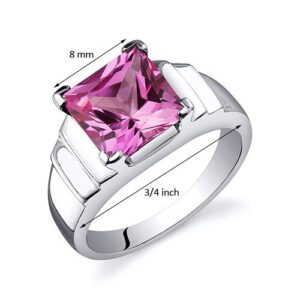 PEORA Created Pink Sapphire Engagement Ring in Sterling Silver, Tiered Solitaire, 3.25 Carats Princess Cut, 8mm, Comfort Fit, Size 7