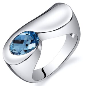 peora swiss blue topaz tranquil ring in sterling silver, smooth fluid solitaire, 1.75 carat oval shape 8x6mm, comfort fit, size 7