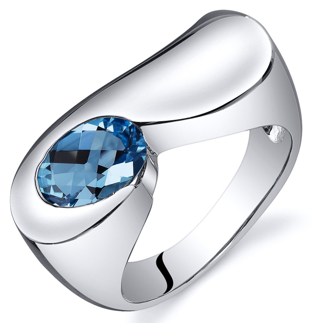 PEORA Swiss Blue Topaz Tranquil Ring in Sterling Silver, Smooth Fluid Solitaire, 1.75 Carat Oval Shape 8x6mm, Comfort Fit, Size 7