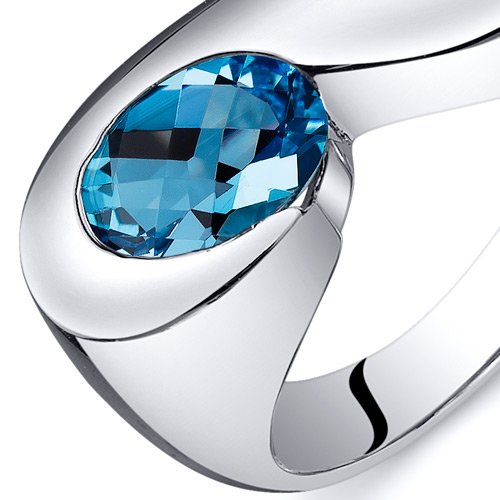 PEORA Swiss Blue Topaz Tranquil Ring in Sterling Silver, Smooth Fluid Solitaire, 1.75 Carat Oval Shape 8x6mm, Comfort Fit, Size 7