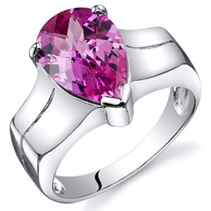 peora created pink sapphire ring in sterling silver, cathedral solitaire pear shape, 3.75 carats 12x8mm, comfort fit, size 7