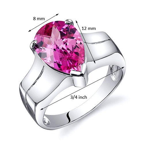 PEORA Created Pink Sapphire Ring in Sterling Silver, Cathedral Solitaire Pear Shape, 3.75 Carats 12x8mm, Comfort Fit, Size 7