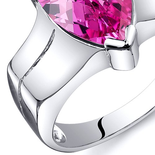 PEORA Created Pink Sapphire Ring in Sterling Silver, Cathedral Solitaire Pear Shape, 3.75 Carats 12x8mm, Comfort Fit, Size 7