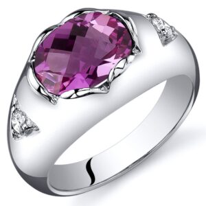 peora created pink sapphire ring in sterling silver, contoured signet design, 2.50 carats oval shape 9x7mm, comfort fit, size 8