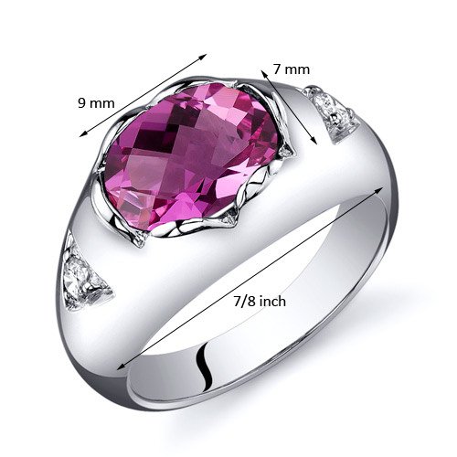 PEORA Created Pink Sapphire Ring in Sterling Silver, Contoured Signet Design, 2.50 Carats Oval Shape 9x7mm, Comfort Fit, Size 8