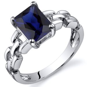 peora created blue sapphire chain link ring for women 925 sterling silver, 2 carats radiant cut 8x6mm, size 9