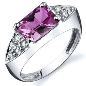 peora created pink sapphire statement ring in sterling silver, elegant linear design, radiant cut, 8x6mm, 2 carats total, comfort fit, size 9