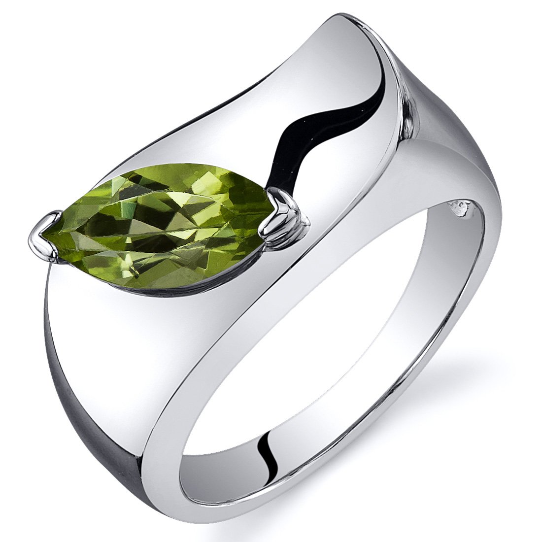 PEORA Peridot Museum Solitaire Ring for Women 925 Sterling Silver, Genuine Gemstone Birthstone, 1 Carat Marquise Shape 10x5mm, Size 7