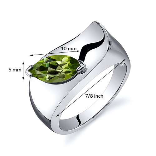 PEORA Peridot Museum Solitaire Ring for Women 925 Sterling Silver, Genuine Gemstone Birthstone, 1 Carat Marquise Shape 10x5mm, Size 7