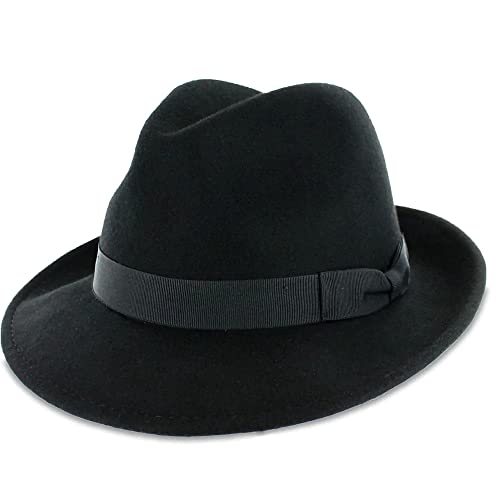 Belfry Crushable Porkpie Fedora Hat Men's Vintage Style 100% Pure Wool in Black Brown Grey Navy Pecan and Striped Band (US, Alpha, Large, Black)