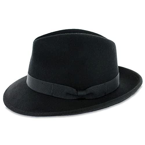 Belfry Crushable Porkpie Fedora Hat Men's Vintage Style 100% Pure Wool in Black Brown Grey Navy Pecan and Striped Band (US, Alpha, Large, Black)