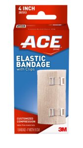 ace 4 inch elastic bandage with clips, beige, ideal for sports, comfortable design with soft feel, wash and reuse