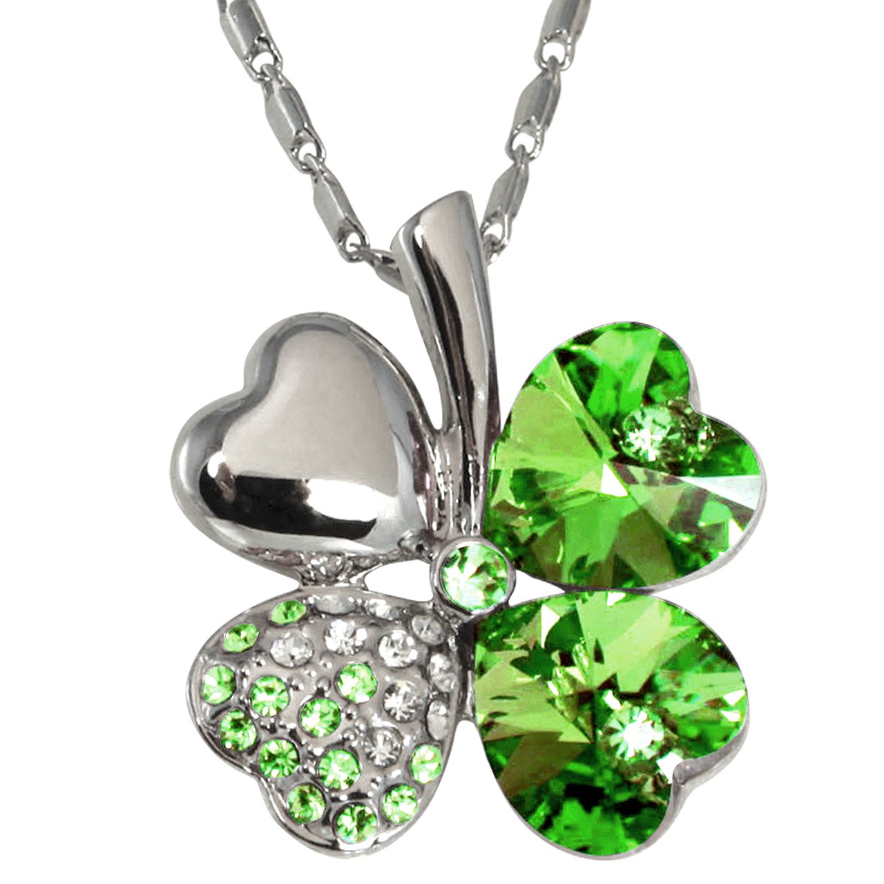 Dahlia Four Leaf Clover Necklace with Swarovski Crystals, Rhodium Plated, 16" w 2" Extender, Green