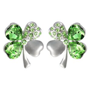 dahlia four leaf clover stud earrings with swarovski crystals, rhodium plated, green