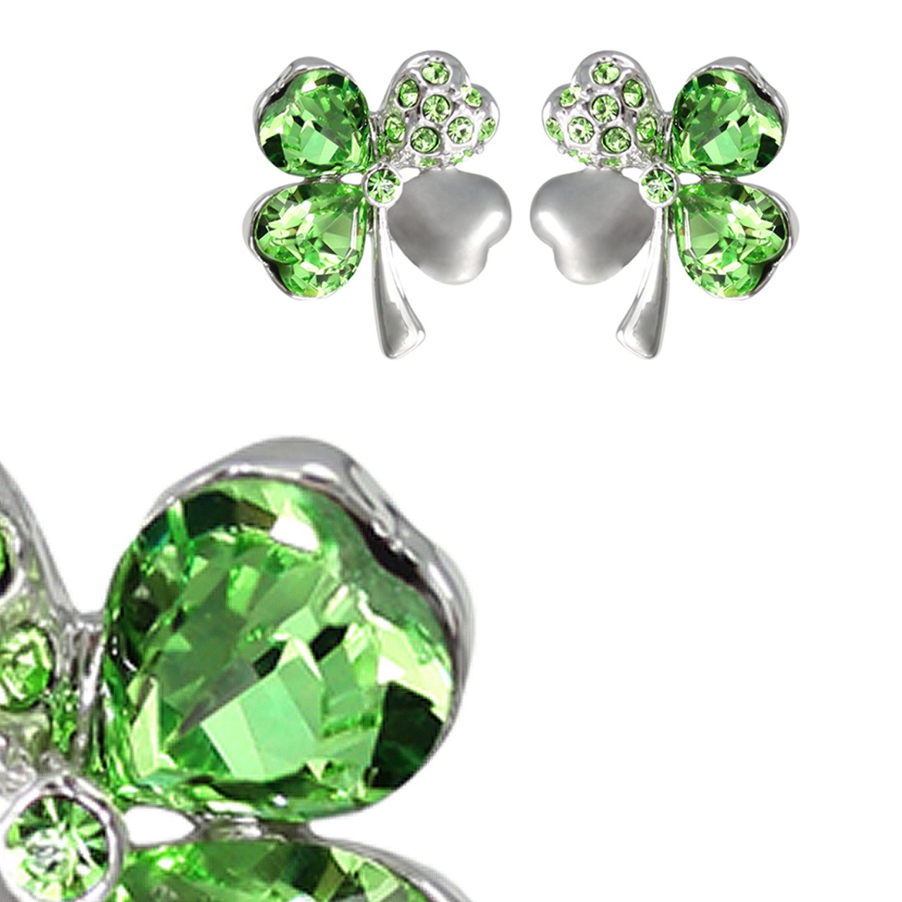 Dahlia Four Leaf Clover Stud Earrings with Swarovski Crystals, Rhodium Plated, Green