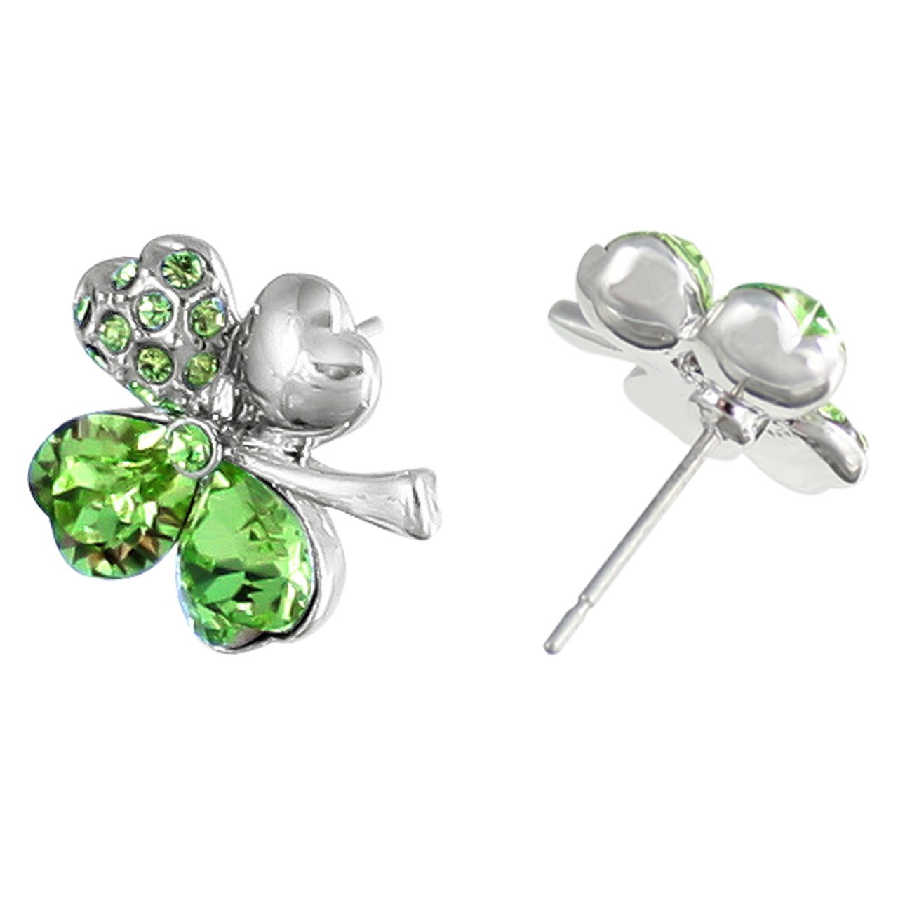 Dahlia Four Leaf Clover Stud Earrings with Swarovski Crystals, Rhodium Plated, Green