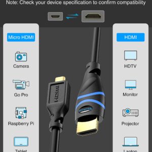 BlueRigger Micro HDMI to HDMI Cable 10FT, 4K 60Hz, HDR, High Speed, Ethernet - Compatible with GoPro Hero 7/6/5/4, Raspberry Pi 4, Sony A6000/A6300 Camera, Nikon B500, Lenovo Yoga 3 Pro, Yoga 710