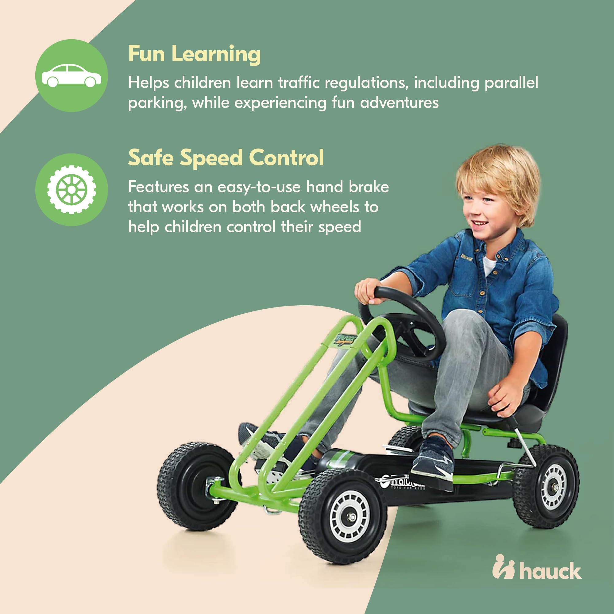 Hauck Lightning - Pedal Go Kart for Kids Ages 4-8, Adjustable Bucket Seat, Plastic Wheels with Rubber Profile, Handbrake for both rear wheels, Ride On Toy for Boys and Girls, Race Green