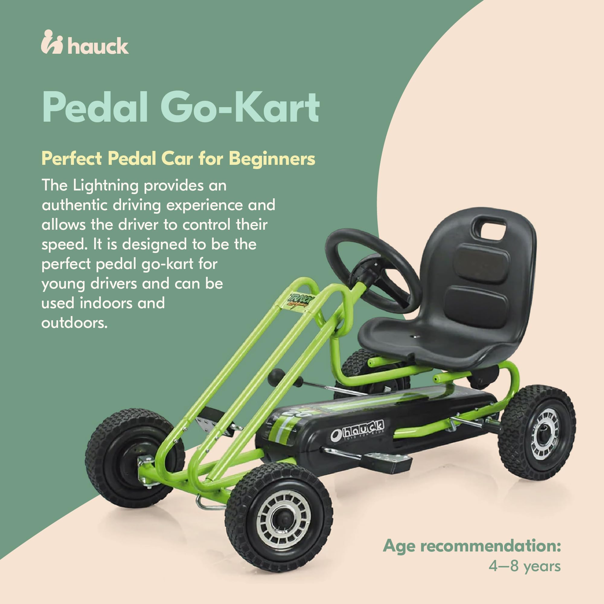 Hauck Lightning - Pedal Go Kart for Kids Ages 4-8, Adjustable Bucket Seat, Plastic Wheels with Rubber Profile, Handbrake for both rear wheels, Ride On Toy for Boys and Girls, Race Green