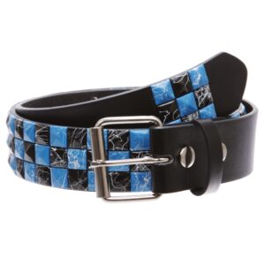 snap on 1 1/2" blue & black checkerboard punk rock studded belt, m 33"-35"