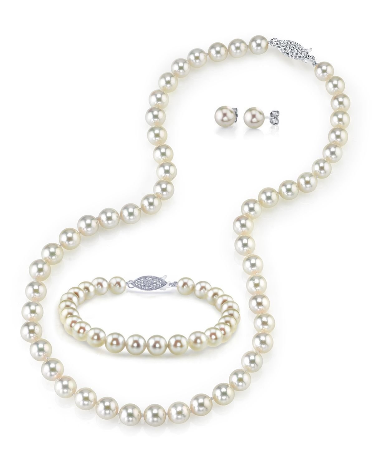 The Pearl Source 14K Gold 7-7.5mm AAA Quality Round White Akoya Cultured Pearl Necklace, Bracelet & Earrings Set in 18" Princess Length for Women