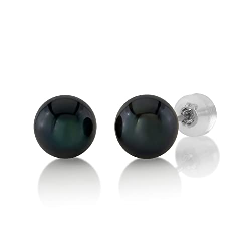 THE PEARL SOURCE 7.0-7.5mm Black Japanese Akoya Real Pearl Earrings for Women - 14k Gold Stud Earrings | Hypoallergenic Earrings with Genuine Cultured Pearls