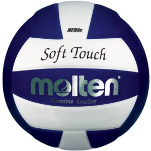 molten soft touch volleyball, nfhs approved, genuine leather cover, uni-bladder cotton wrapped construction, indoor use, 1 year warranty